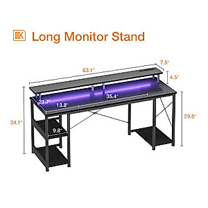 ODK 63 inch Computer Desk with Power Outlets & LED Lights, Gaming Desk with Monitor Stand & Storage Sheves, Home Office Desk, Black