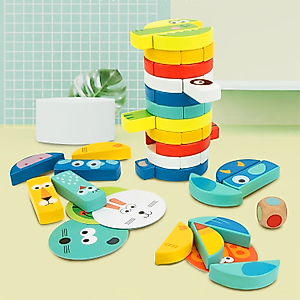 TOOKYLAND Wooden Tumble Tower Game - 61pcs - Stacking Blocks, Animal Cards and Die. Ages 3+