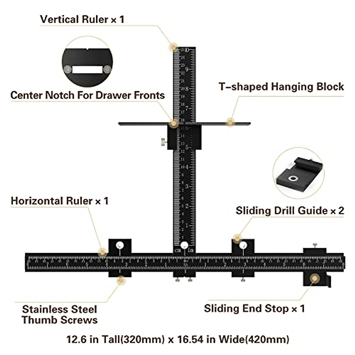 Roylvan Cabinet Hardware Jig Tool, Adjustable Punch Locator Drill Guide Jig, Aluminum Alloy Wood Drilling Dowelling Tools, Drawer Cabinet Woodworking Template Jig for Handles Knobs Pulls, Black
