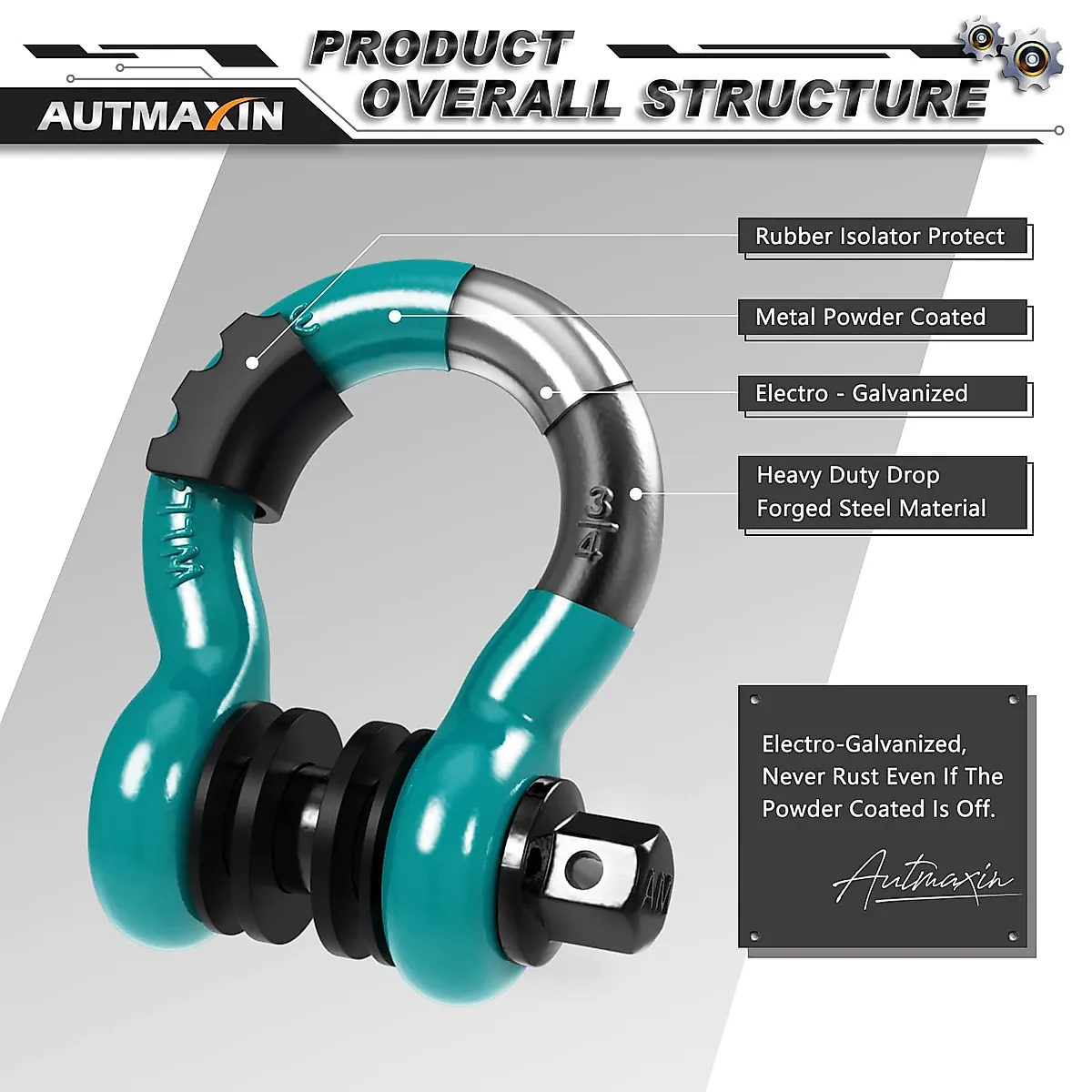 AUTMAXIN D Ring Shackles 3/4" Shackle (2 Pack) - 58,000Ibs Break Strength with 7/8" Anti-Loose Security Pin, Shackle Isolator Washer Kits for Tow Strap Winch Off-Road Vehicle Recovery, Teal