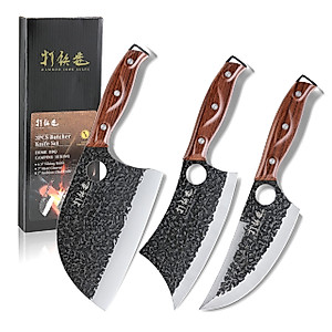 3PCS Butcher Knife Set, 7" Butcher Meat Cleaver, 7" Serbian Chef Knife and 6.5" Viking Knife, Hand Forged Kitchen Knife Set with Plastic Handle, Geat for Home, Camping, BBQ (Unique Finger Hole Design)