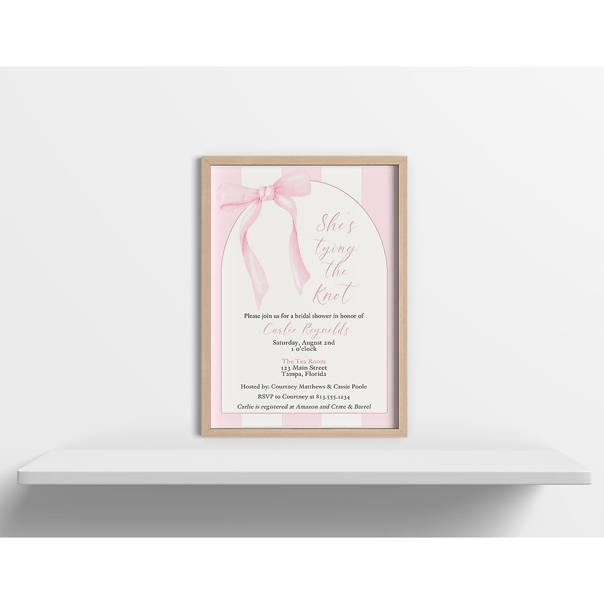 Bridal Shower Invitation Coquette Pink Bow She's Tying the Knot Classy Vintage Striped Customized Personalized Printed Cards (12 Count)