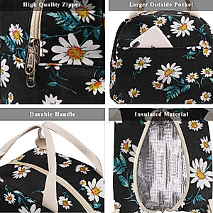 EurCross Women's Lunch Bags for Work with Chic Floral Daisy Pattern,Canvas Stylish and Insulated Black Lunch Tote Bento box Bag Carrier of On-the-Go Storage