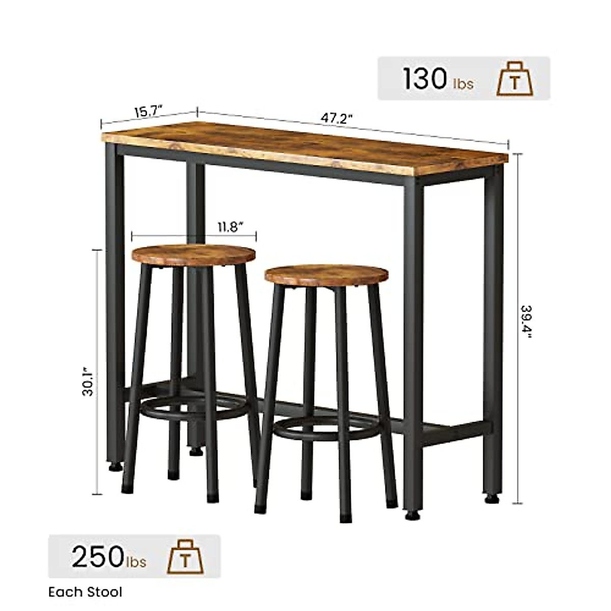 AWQM 3 Piece Bar Table Set, Industrial Pub Height Table with 2 Bar Stools,Dining Room Table Set, 47.2" Table and Classic Round Chairs Set, Ideal for Kitchen,Living Room