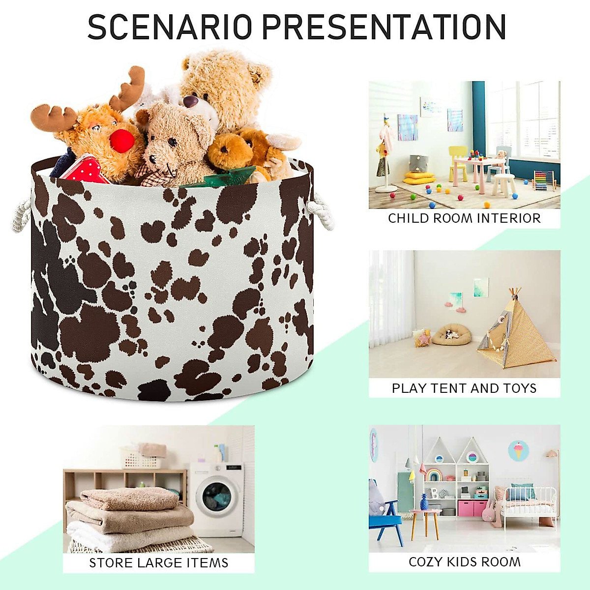 Kigai Cow Print Round Storage Basket with Cotton Rope,Large Collapsible Laundry Basket Blanket Toy Clothes Storage Bin for Bedroom Bathroom Nursery