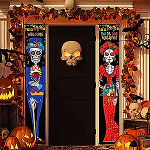 2 Pieces Day of The Dead Porch Sign Dia De Los Muertos Porch Decorations 11.8 x 70.9 Inch Autumn Mexico Welcome Halloween Door Banner Fall Hanging Wall Banner for Festival Indoor Outdoor Decoration