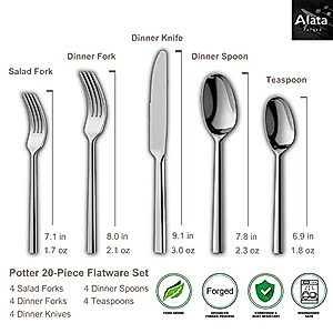Alata Potter 20-Piece Forged Silverware Set Stainless Steel Flatware Set Cutlery Set,Service for 4,Mirror Finish,Dishwasher Safe