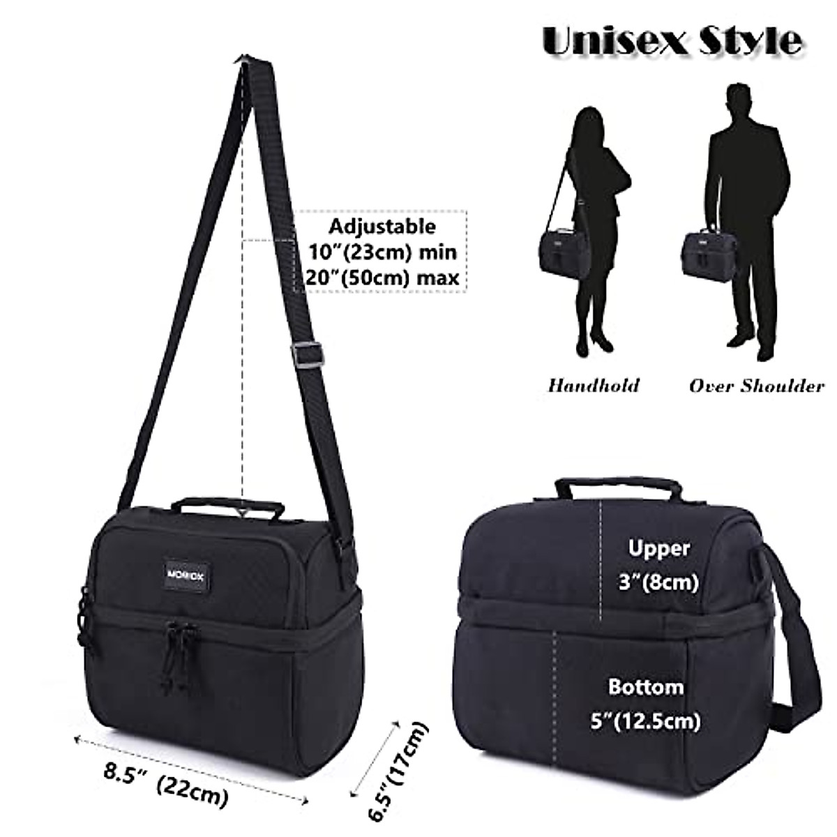 MORIOX Small Lunch Box Double Deckers Thermal Insulation Lunch Bag Leakproof Mini Cooler with Shoulder Strap for Work School Picnic (Black)