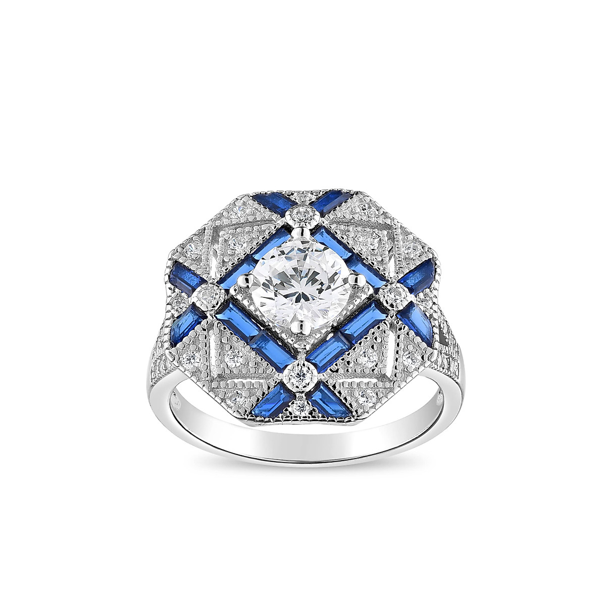 Scienza Resurgence Art Deco Ring for Women – Rhodium Plated Sterling Silver Ring w/Blue Baguette Stones – Blue Spinel & White Cubic Zirconia Ring – Structured Crisscross Geometric Ring