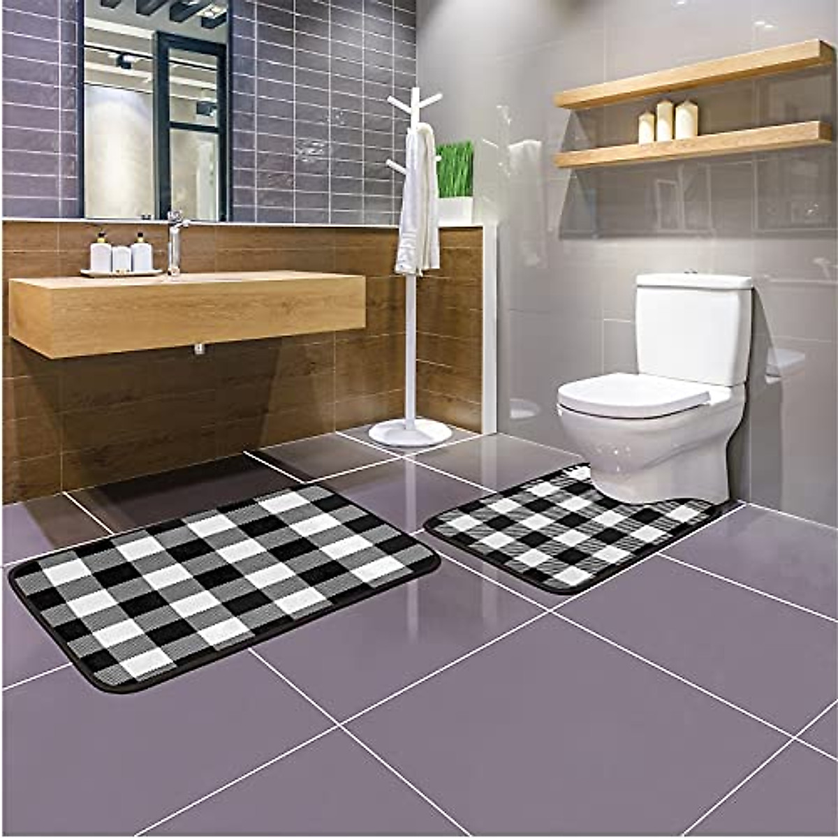 Black and White Plaid Bathroom Rugs Mats Set of 2, Buffalo Check 2 Piece Bath Mats for Bathroom, Absorbent Non Slip Soft Bath Toilet Contour Mat Shower Rugs Decorations for Kitchen Bedroom Indoor