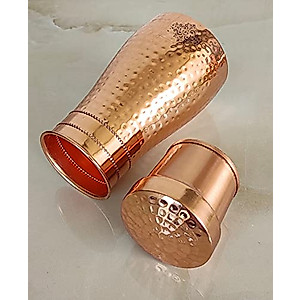 Indian Art Villa Pure Copper Bedroom Water Bottle With Inbuilt Glass & Hammered Shine Design, Drinkware, Storage Purpose, Volume-37 Oz