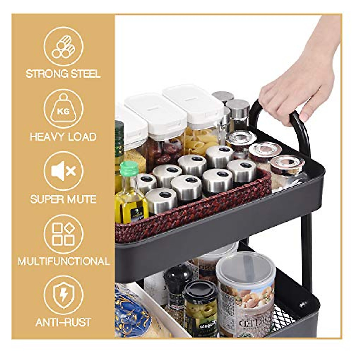 KINGRACK 3-Tier Rolling Cart, Metal Rolling Storage Cart with Lockable Wheels, Mobile Trolley Cart for Kitchen, Bathroom, Office, Workshop, Black