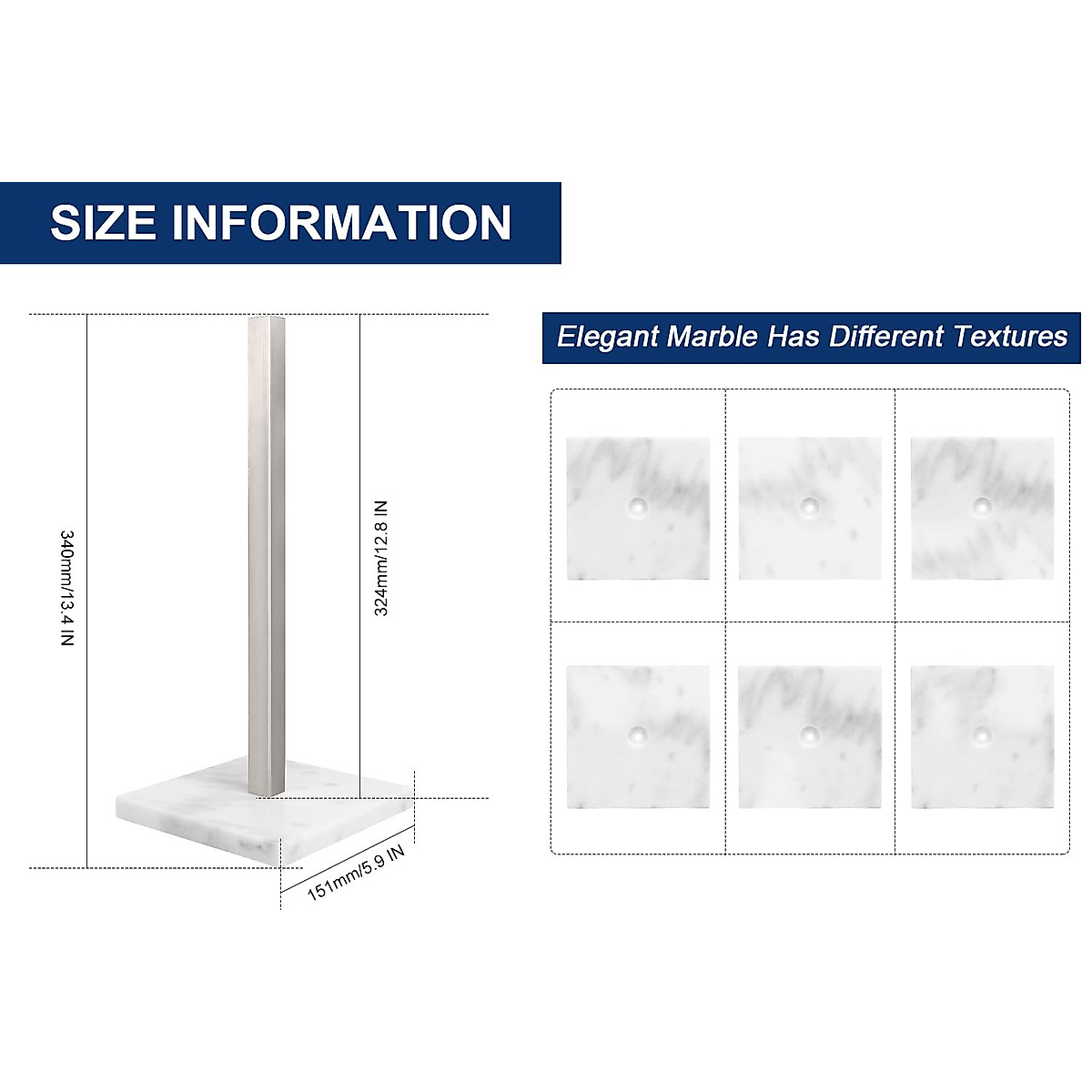 NearMoon Standing Paper Towel Holder, Stainless Steel Square Paper Towel Roll Holder with Marble Base for Bathroom Kitchen Countertop, Standard or Jumbo-Sized Roll Holder (Brushed Nickel)