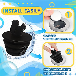 Bathtub Stopper, 2 Pack Universal Bathtub Plug Silicone Bathtub Stopper Bathtub Drain Stopper Plug Tub Stopper for Kitchen Bathtub and Bathroom Sink Drains, Black Plug Cute Squirrel Shape, 2 Count