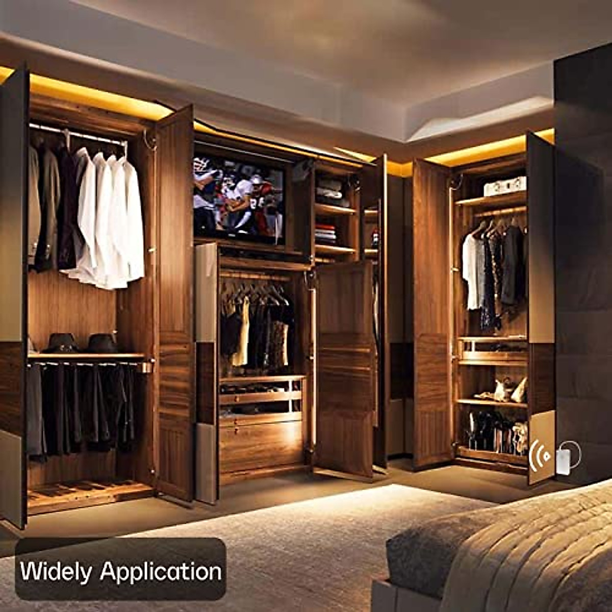 Battery Operated Motion Sensor Cabinet Strip Lights, 9.8Ft 90 LED Counter Closet Strip Light, Motion & Night Sensor Safe Tape Light with 3AA Large Battery for Stairs,Wardrobe,Kitchen (Warm White)