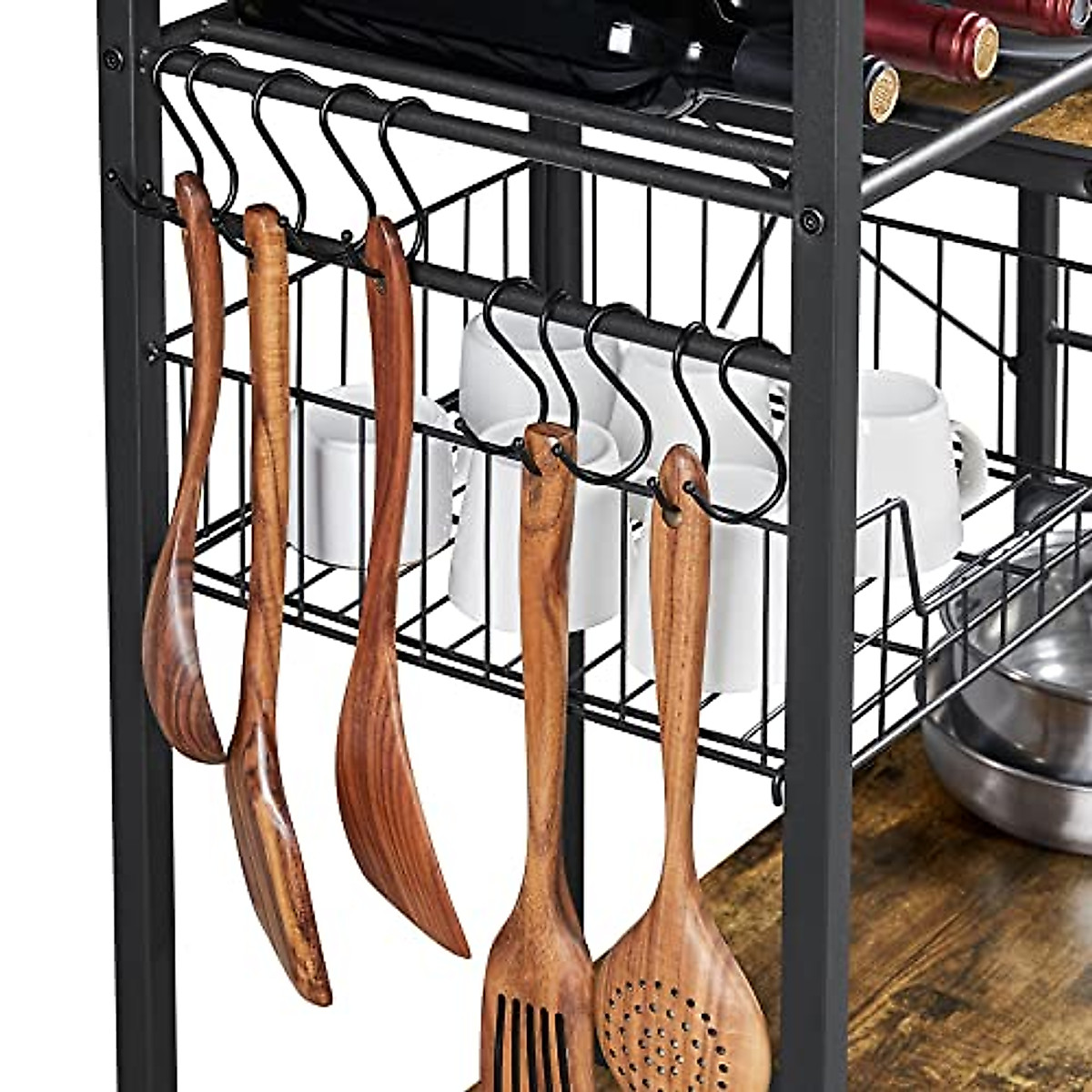 Yaheetech Industrial Kitchen Baker’s Rack Utility Microwave Oven Stand with Wire Basket & 10 S Hooks, Coffee Bar Spices Utensils Storage Shelf, Easy Assembly, Rustic Brown