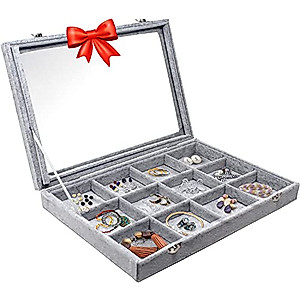 Hivory Bracelet Bangles & Jewelry Accessories Organizer Tray with Transparent Lid ~ Ample Space ~ See Through Top Display Case Accessories Storage Jewelry Box (Grey 12 Grid)