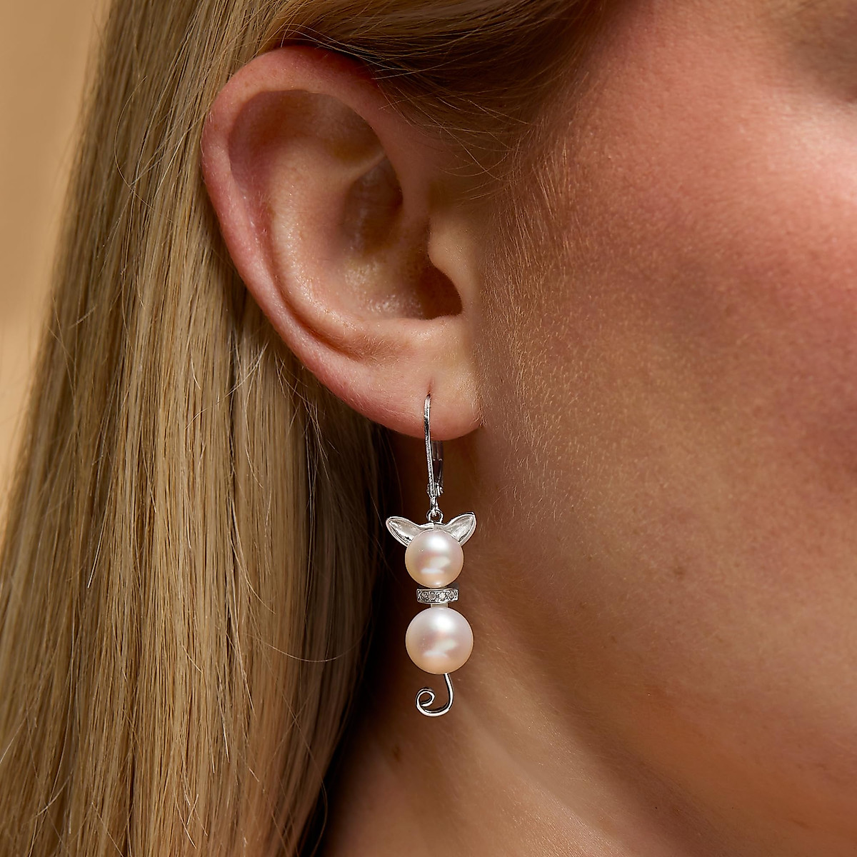 Ross-Simons 7.5-9mm Cultured Pearl and Diamond-Accented Cat Drop Earrings in Sterling Silver