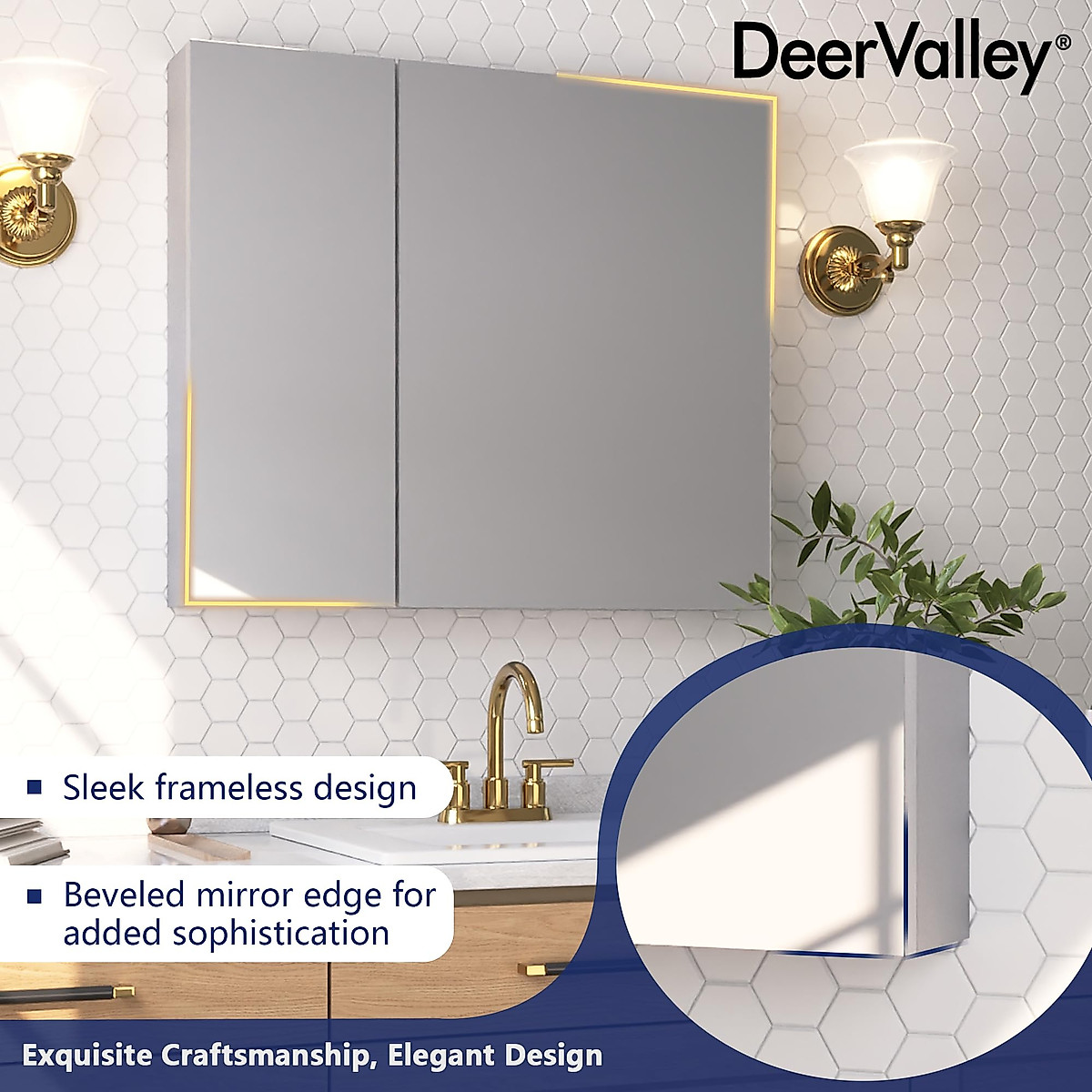 Deer Valley Medicine Cabinet with Mirror, 26 x 30 Inch Double Doors Bathroom Mirror Medicine Cabinet with Adjustable Glass Shelves, Frameless Surface Mount Wall Cabinet, Beveled Edge