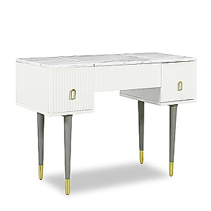 JIVOIT Vanity Table Set, 43.3" Modern Vanity Table Set with Flip-top Mirror and LED Light, Dressing Table with Customizable Storage, Vanity Dressing Table for Bedroom Women Girls (White+Gray 7)