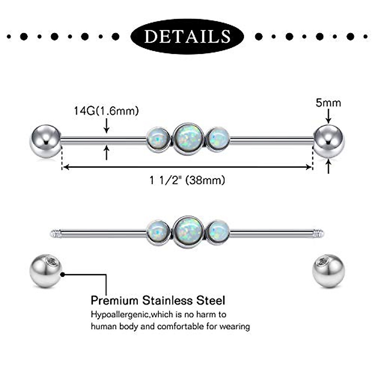 MODRSA 14G Stainless Steel Industrial Barbell Earring Cartilage Body Piercing Jewelry 38mm 1&1/2 Inch Industrial Piercing Bar 8pcs