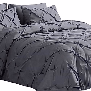 JOLLYVOGUE Bed in a Bag 7-Pieces, Dark Grey Queen/Full Comforter Set for All Season, Pintuck Bedding Sets with 1 Comforter, 1 Flat Sheet, 1 Fitted Sheet, 2 Pillowcases & 2 PillowShams