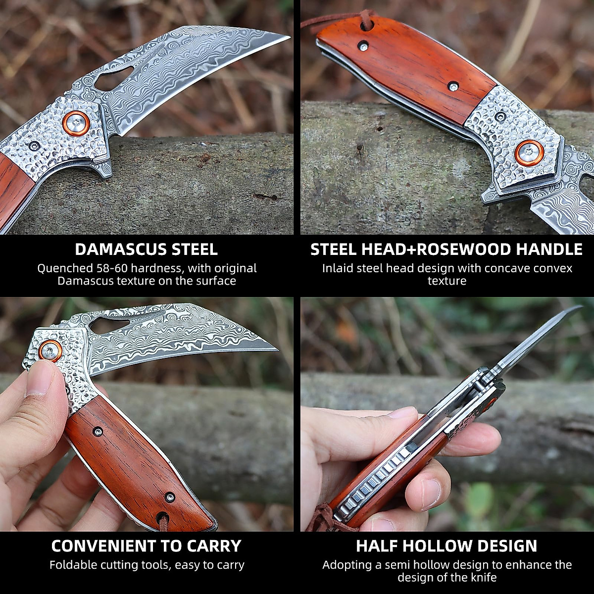 Tusonac Hunting Folding Knife with Leather Sheath, Protable Pocket Knife for Men, Handmade Forged VG10 Damascus Steel Knife with Engraved Steel Bolster, For Camping, Hiking and Daily