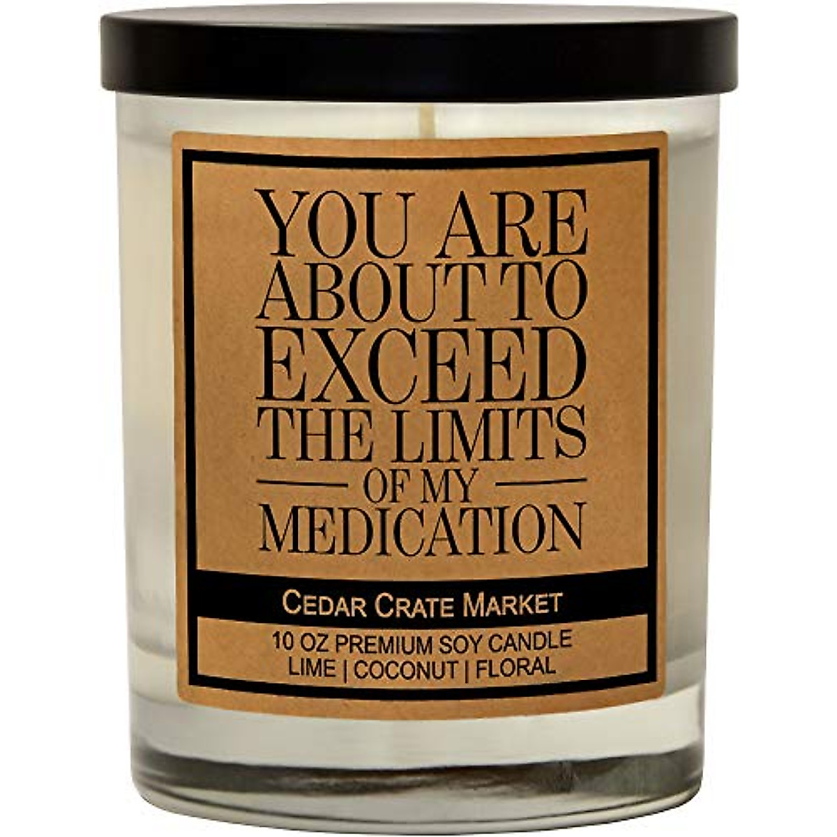 You are About to Exceed The Limits of My Medication, Kraft Label Scented Soy Candle, Lime, Coconut, Floral, 10 Oz. Glass Jar Candle, Made in The USA, Decorative Candles, Funny and Sassy Gifts