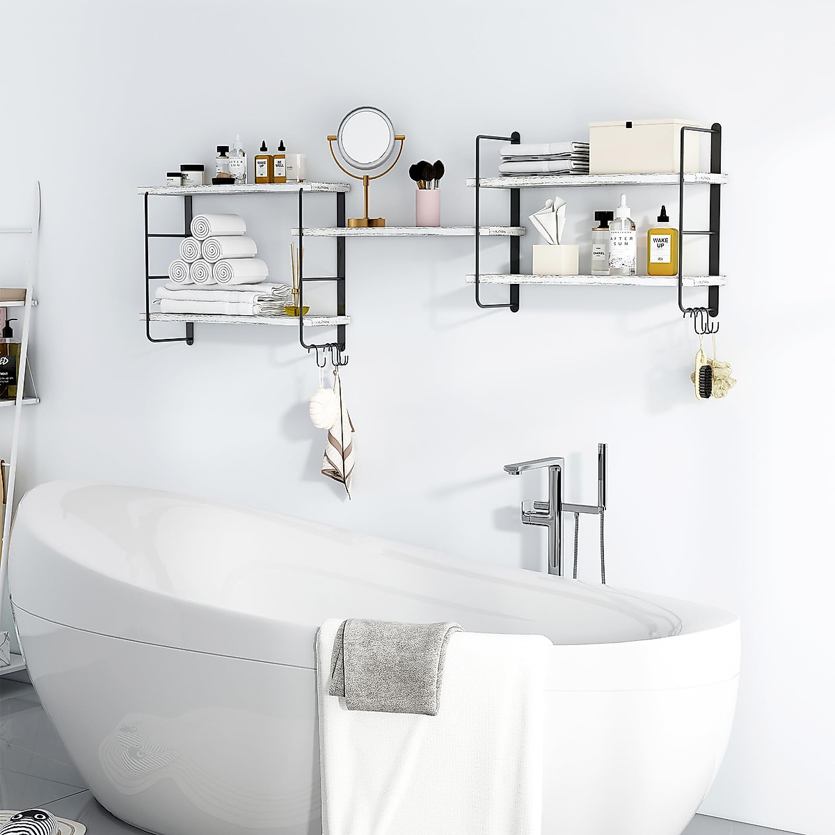 MXCSE Wall Mounted Floating Shelves - Rustic Wall Decor Wood Shelves for Bedroom, Living Room, Bathroom and Kitchen Storage, Easy Installation Hanging Shelves (5, Washed White)