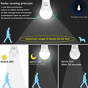 Radar Motion Sensor LED Light Bulbs, Dusk to Dawn Radar Motion Activated Bulb 9W 5000K Daylight White A19 LED Bulb, E26 Base, for Hallway, Garage, Basement, etc, 2 Packs