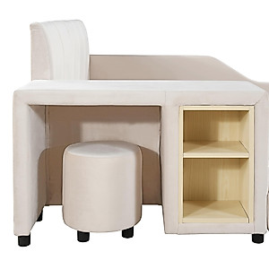 VilroCaz Modern Full Size Upholstered Grounded Bed, Velvet Fabric Upholstered Mother & Child Platform Bed with Bedside Desk and Little Round Stool, No Box Spring Required (Beige-F)