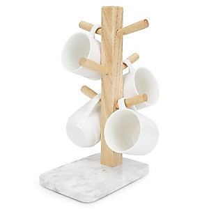 WORHE Marble Mug Holder Thicker Base Coffee Cup Holder with 6 Hooks Stand for Countertop, Mug Stand Hanger for Coffee Bar Accessories and Decor Coffee Organizer Station White (WH032)