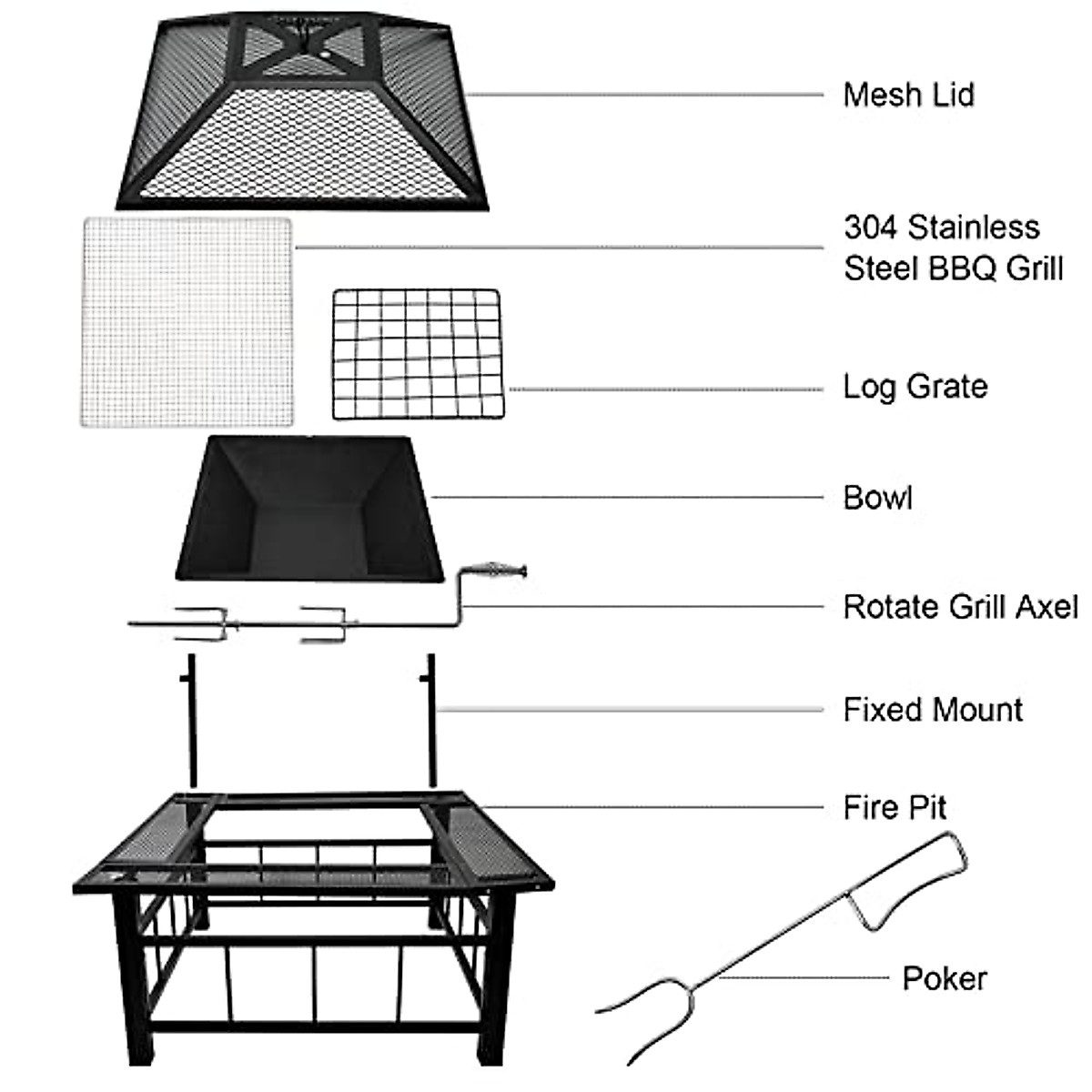 32 Inch Fire Pit Table with Swivel Grill for Outside, Large Square Outdoor Wood Burning Firepit with BBQ Grill Grate, Mesh Spark, Log Grate, Poker for Backyard Garden Patio Camping Picnic