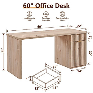JXQTLINGMU 60" Modern Executive Desk with Storage, Wood Home Office Desk with Drawer & Cabinet, Fluted Computer Writing Desk for Study, Living Room, Bedroom, Natural Oak