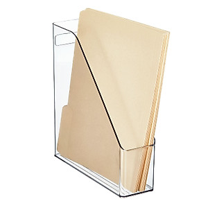 mDesign Plastic Slim Vertical File Folder Bin Storage Organizer with Handle - Hold Notebooks, Binders, Envelopes, Magazines for Home Office, Work Desktops, Ligne Collection, Clear