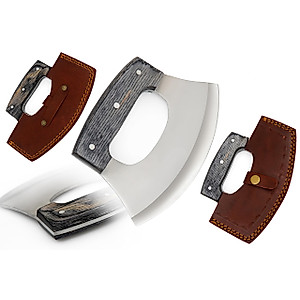 WARIVO KNIFE Handmade Ulu Knife Pizza Cutter Rocker Knife Mezzaluna Knife with sheath Rocker Boning Knife for Slicing, Chopping, Camping, Outdoor, Kitchen (Wooden Handle)