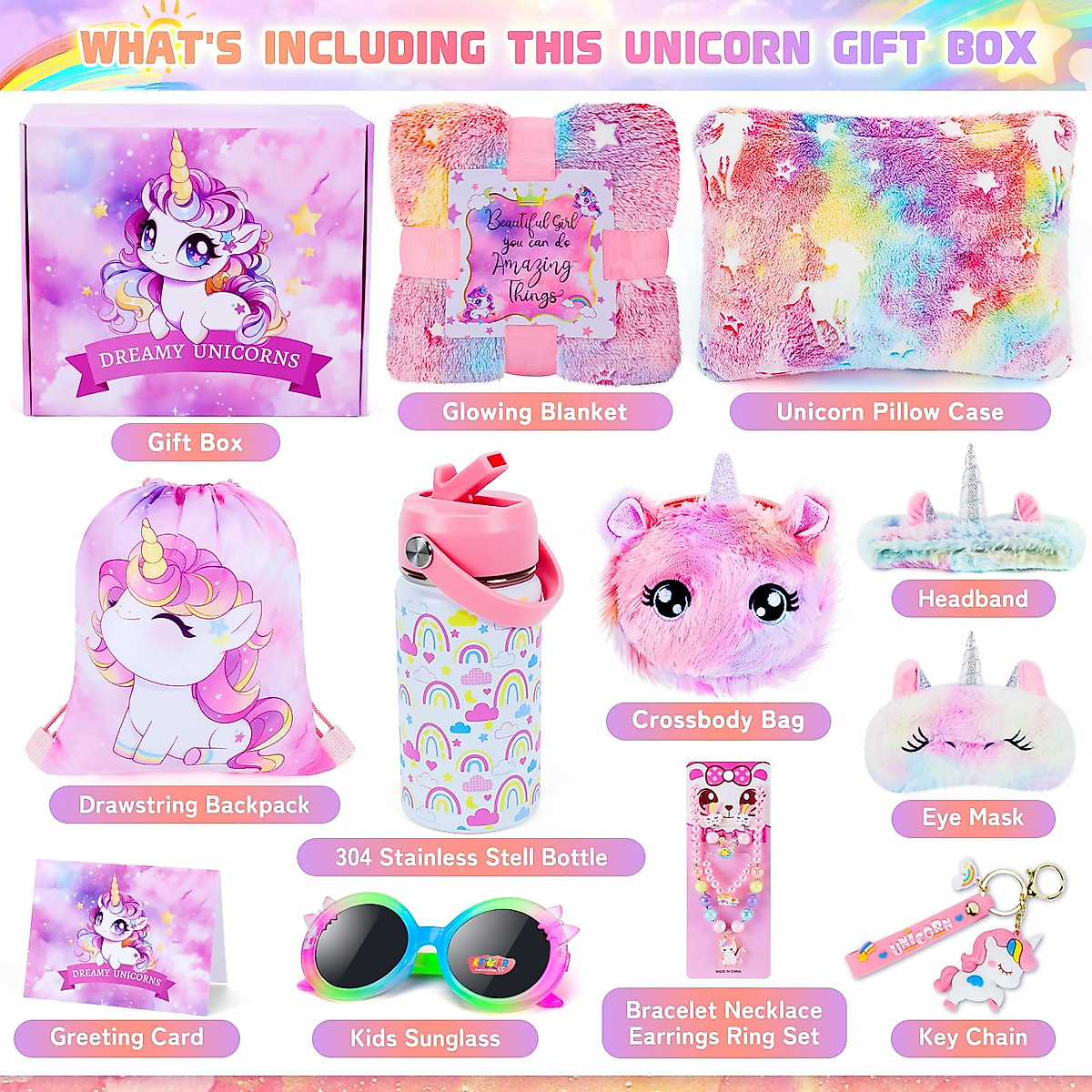 Unicorn Toys for Girls Kids Toys 5 6 7 8 9 10+ Years Old, Kids Unicorn Gifts with Glowing Blanket/ Water Bottle/ Eye Mask/Headband/Crossbody Bag/Sunglass/12PCS Birthday Gift Toys for Girls 6-10+