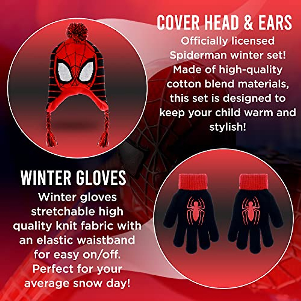 Marvel Spider-Man Kid’s Winter Hat and Snow Gloves for Boys and Toddlers, 2 Pc. Set, Pom-Pom Beanie with Warm Mittens