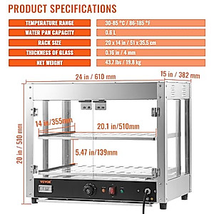 VEVOR Commercial Food Warmer Display, 2 Tiers, 800W Pizza Warmer w/ 3D Heating 3-Color Lighting Bottom Fan, Countertop Pastry Warmer w/Temp Knob & Display 0.6L Water Tray, Stainless Frame Glass Doors