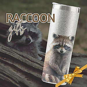 Onebttl Raccoon Gifts for Women, Insulated 20 oz Stainless Steel Skinny Tumbler with Straw, Brush, Lid, and Gifts Box, Glitter Silver