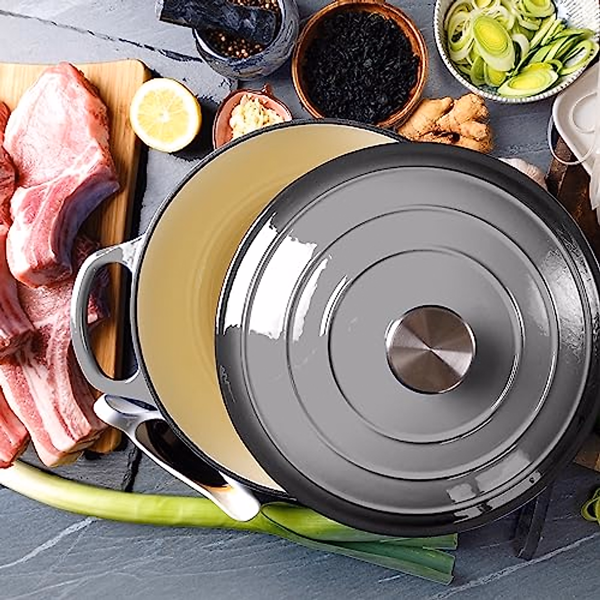 Alathote 6 Quart Enameled Cast Iron Dutch Oven with Lid - Big Dual Handles - Oven Safe up to 500°F - Classic Round Pot for Versatile Cooking Light Gray