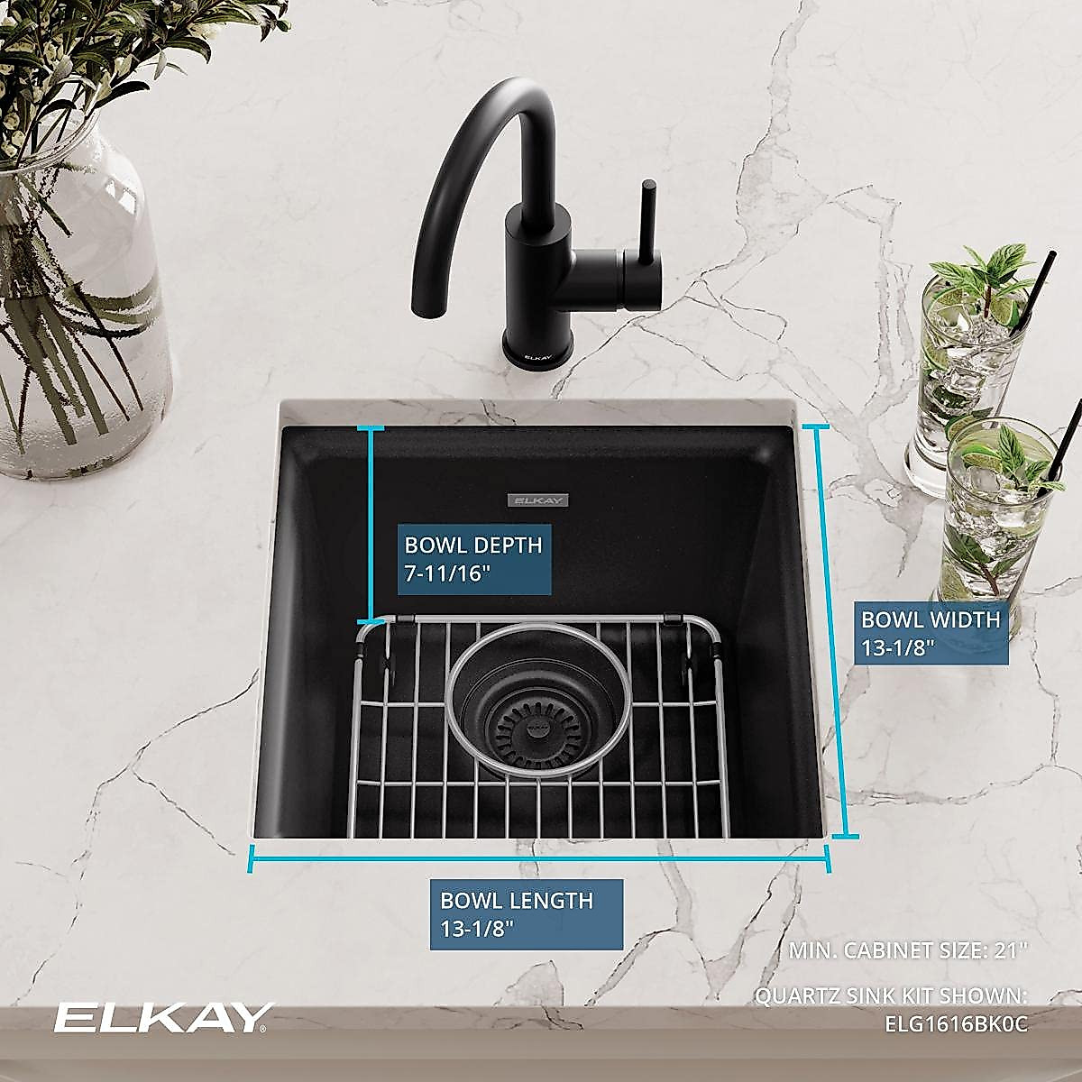 Elkay Quartz Classic ELG1616BK0C 15-3/4" x 15-3/4" x 7-11/16", Single Bowl Dual Mount Bar Sink Kit, Black
