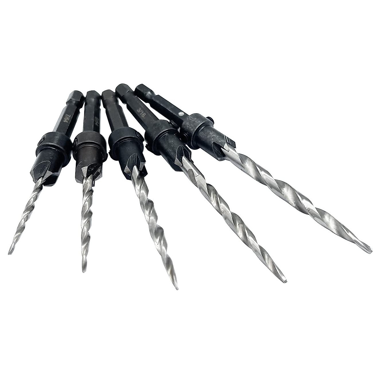Saipe 5pcs Wood Tapered Countersink Drill Bit Set Hex Shank Screw Drill Counter Sink Bit 7/64", 9/64",11/64", 3/16", 7/32" Adjustable Drilling Tool Kit on Pilot Counter Sinker Hole for Woodworking