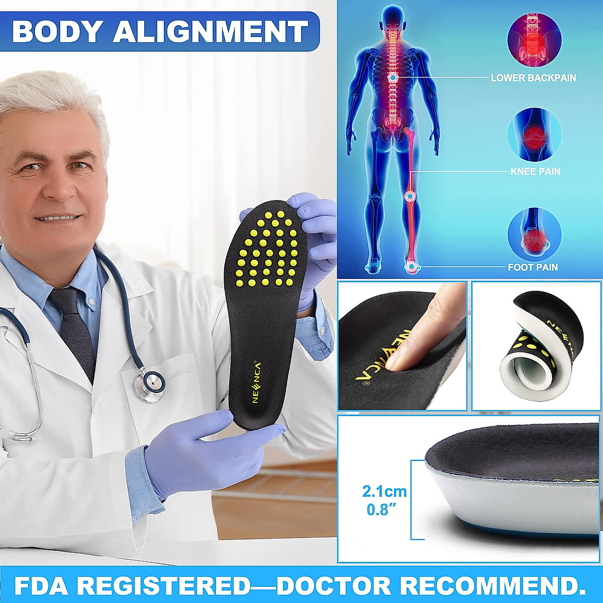 NEENCA Professional Shoe Insoles, Comfort Memory Foam Shoe Inserts, Medical Heel Cushioning with Shock Absorption for Plantar Fasciitis, Arch/Foot/Heel Pain Relief, Workout, Sports, Daily Use