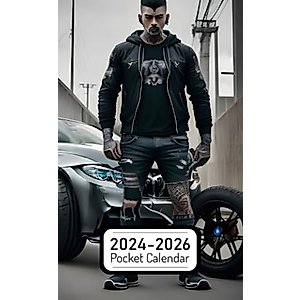Pocket Calendar 2024-2026: Two-Year Monthly Planner for Purse , 36 Months from January 2024 to December 2026 | Badass man with tattoos | Standing | Epic photo
