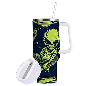 Nesatuwa 40 oz Cute Aliens Tumbler with Handle and Straw Lid,Reusable Stainless Steel Vacuum Insulated Tumbler Leakproof Travel Coffee Mug for Iced and Hot Beverages
