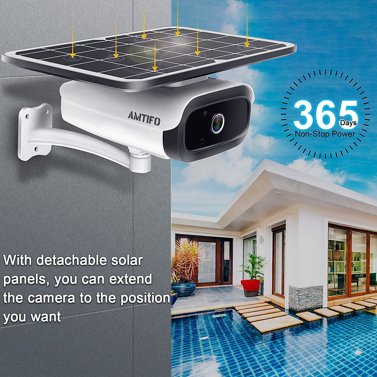 AMTIFO Security Cameras Wireless Outdoor Home Motion Detection Solar WiFi Surveillance Camera System Two Way Audio HD 1080P Video Cam Battery Night Vision W6