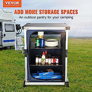 VEVOR Camping Kitchen Table Storage, Outdoor Pop-up Aluminum Portable Folding Cook Station with 3-Tier Organizer, Side Pocket & Carrying Bag, Quick Set-up for BBQ Party Backyard RV Traveling, Blue