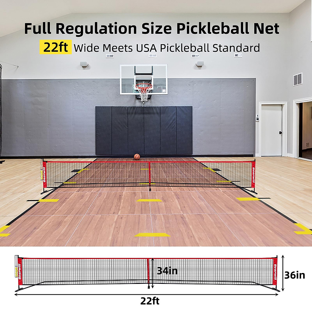 Bearwill Pickleball Net, 22 FT Pickleball Net for Driveway, Regulation Size Portable Pickle Ball Net for Outdoor Backyard, Steady Metal Frame with Court Marker, Ball Holder, 4 Pickleballs & Carry Bag