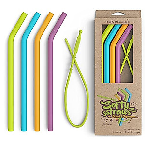 Softy Straws Premium Reusable Silicone Drinking Straws + Patented Straw Squeegee - 9” Long With Curved Bend for 20/30/32oz Tumblers - BPA Free (Non-Rubber), Flexible, Bendy, Safe for Kids / Toddlers
